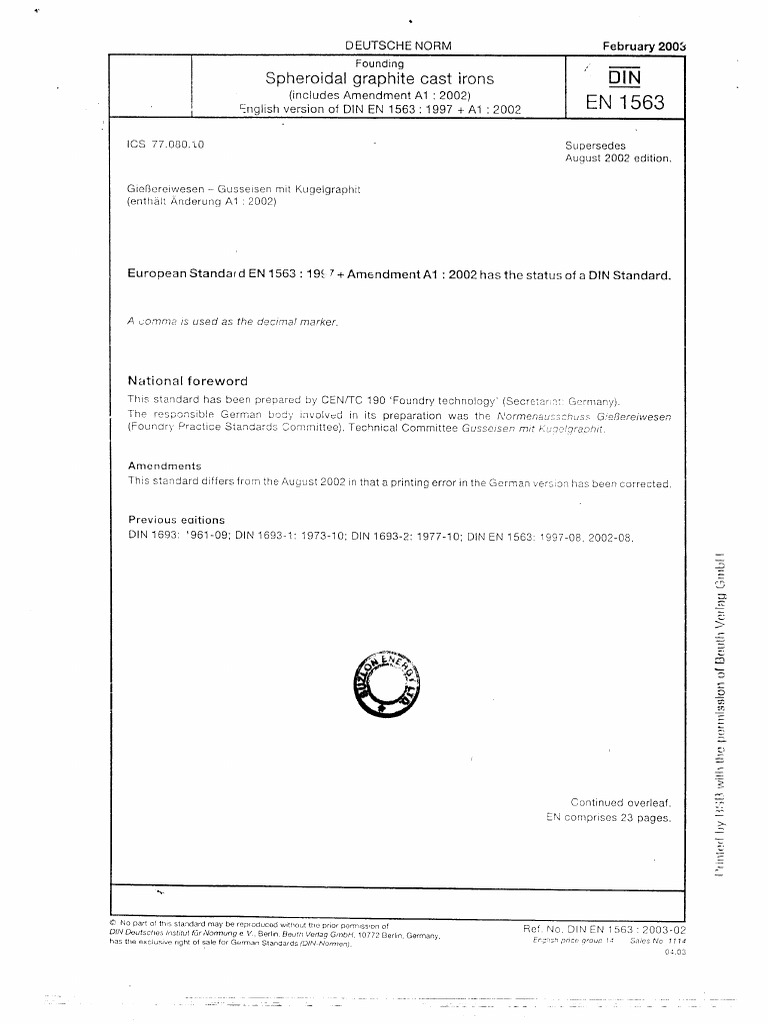 DIN EN 1563-2003 Spheroidal Graphite Cast Iron | PDF
