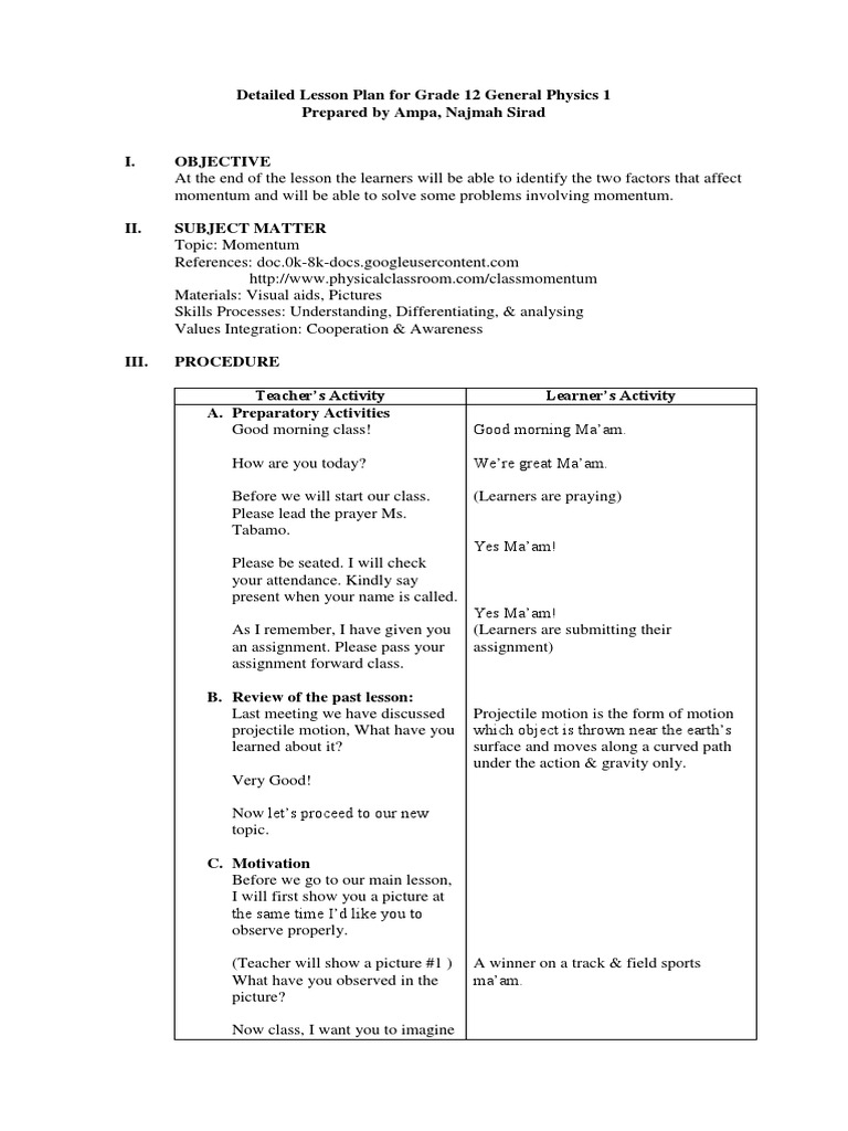 Detailed Lesson Plan For Grade 12 General Physics 1 | PDF