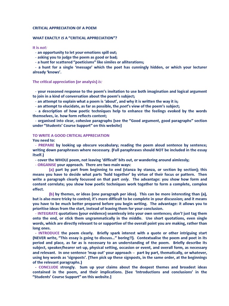 Guide to Critical Appreciation of Poems | PDF