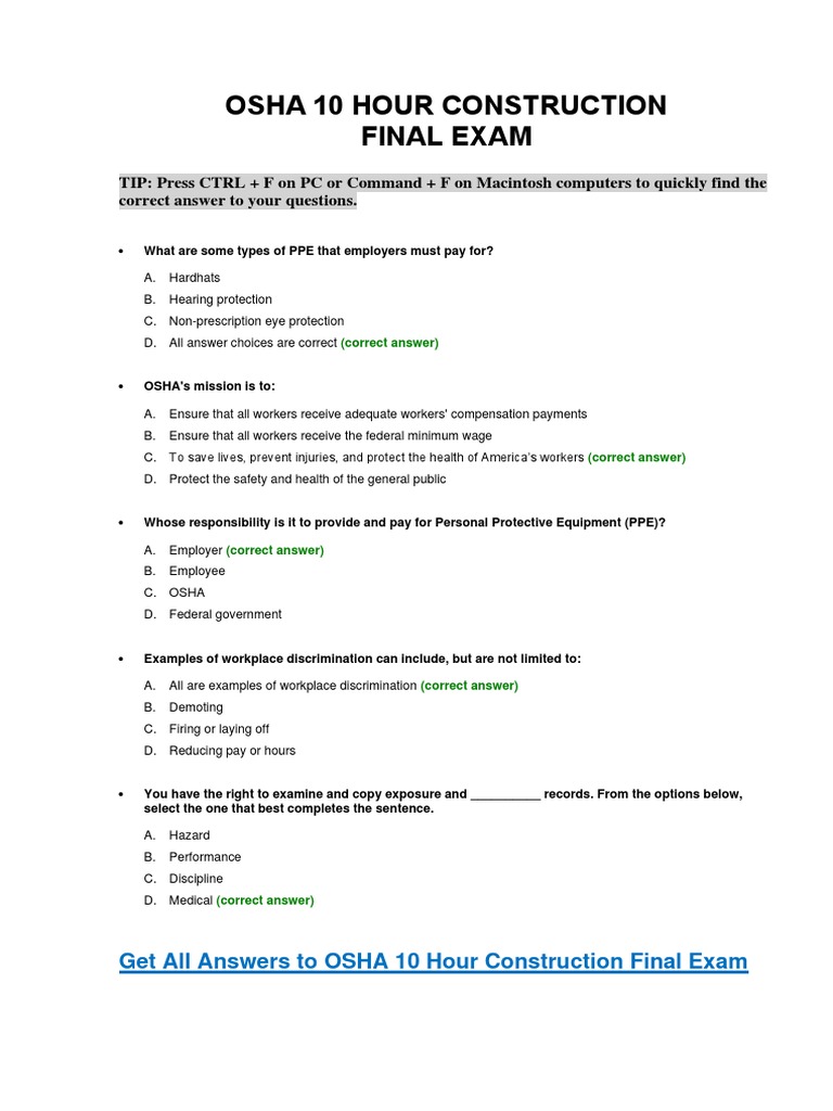 OSHA 10 Hour Construction Exam Answers | PDF
