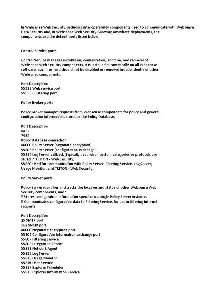 Websense Web Security TCP Ports | PDF | Networks | Proxy Server