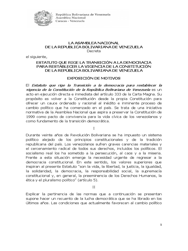 Estatuto Que Rige La Transicion A La Democracia para Restablecer La ...