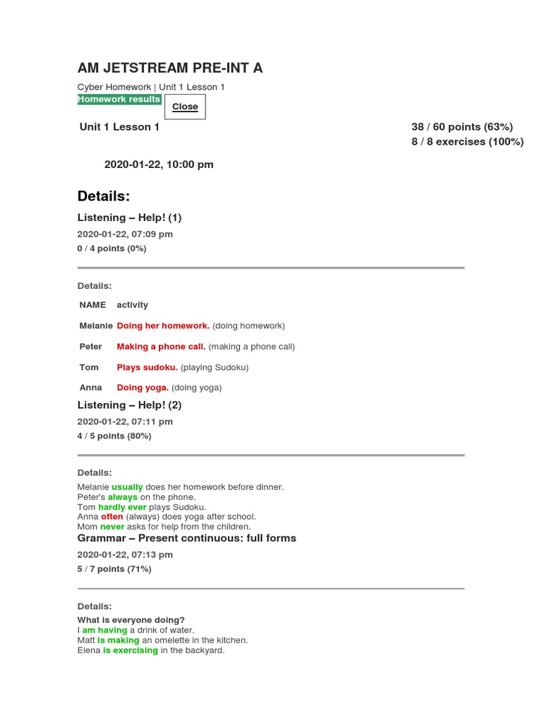 Jetstream Pre-Intermediate Homework Results | PDF