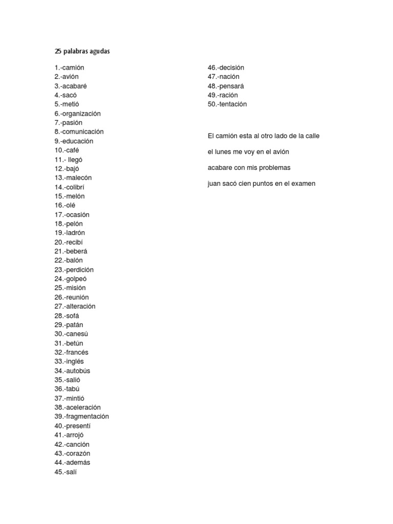 25 Palabras Agudas | PDF