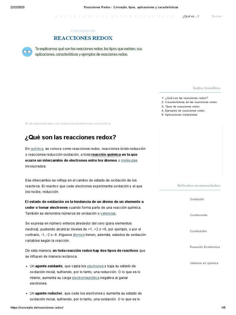 Reacciones Redox - Concepto, Tipos, Aplicaciones y Características | PDF
