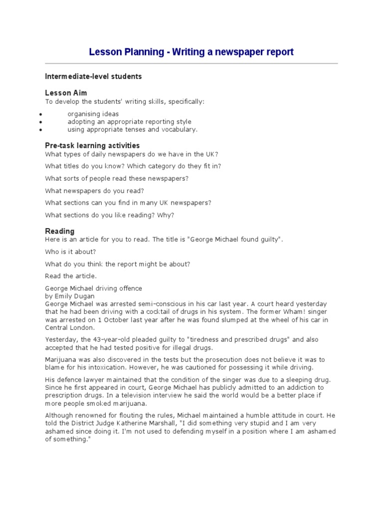 Lesson Planning - Writing A Newspaper Report: Intermediate-Level ...