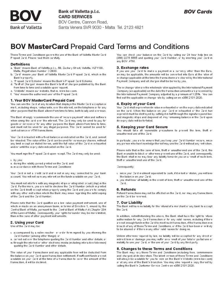 BOV Master Card Pre-Paid Cards Terms and Conditions | PDF | Debit Card ...