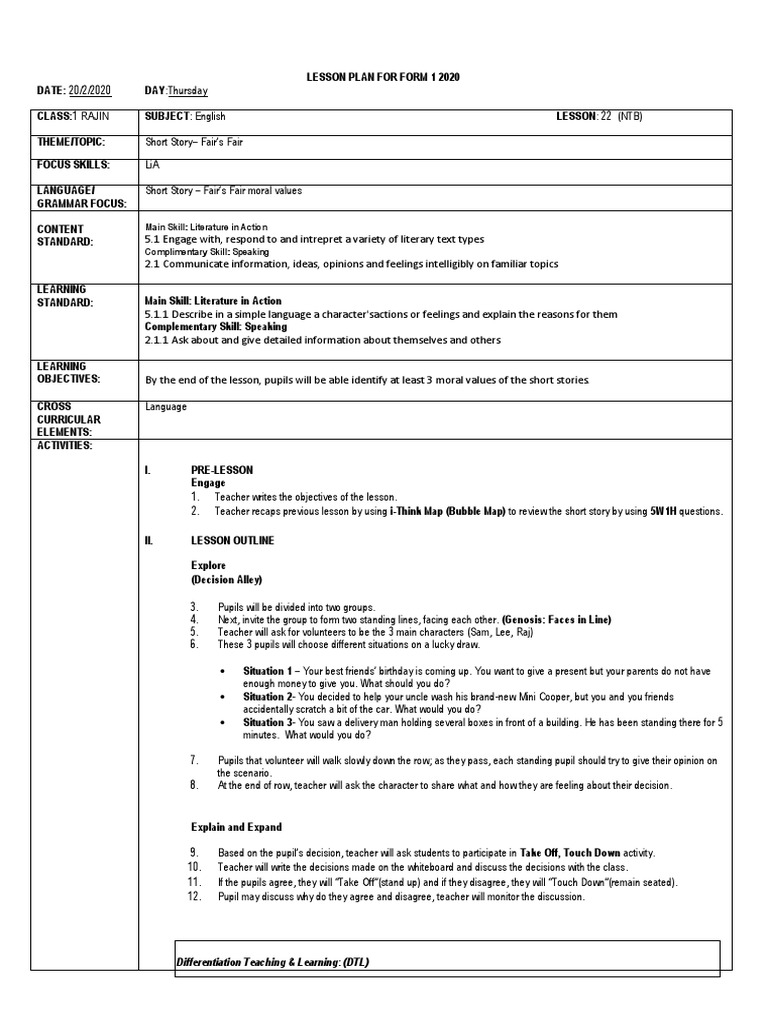 Form 1 English Literature Lesson Plan | PDF | Lesson Plan | Teachers