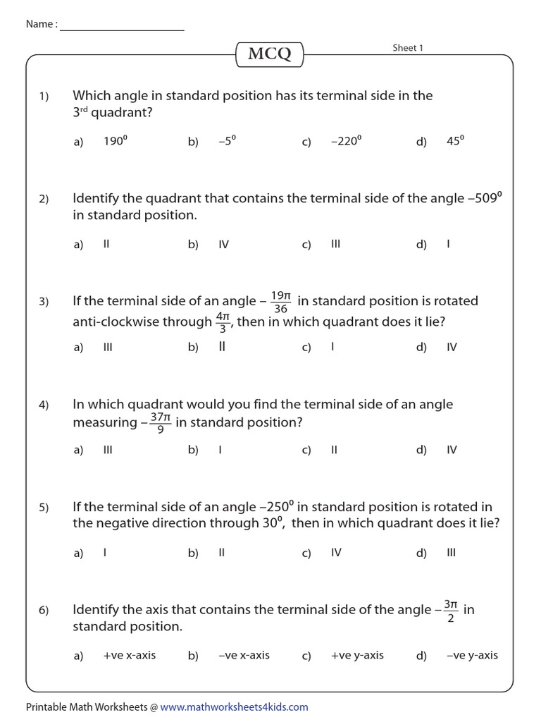 Trigonometry Quadrants-Angles Mcq-All | PDF | Cartesian Coordinate ...