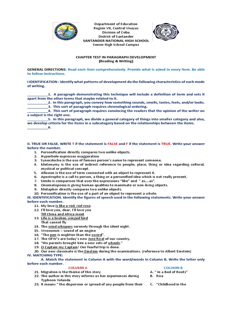 CHAPTER TEST IN READING & WRITING (Paragraph Development) | PDF