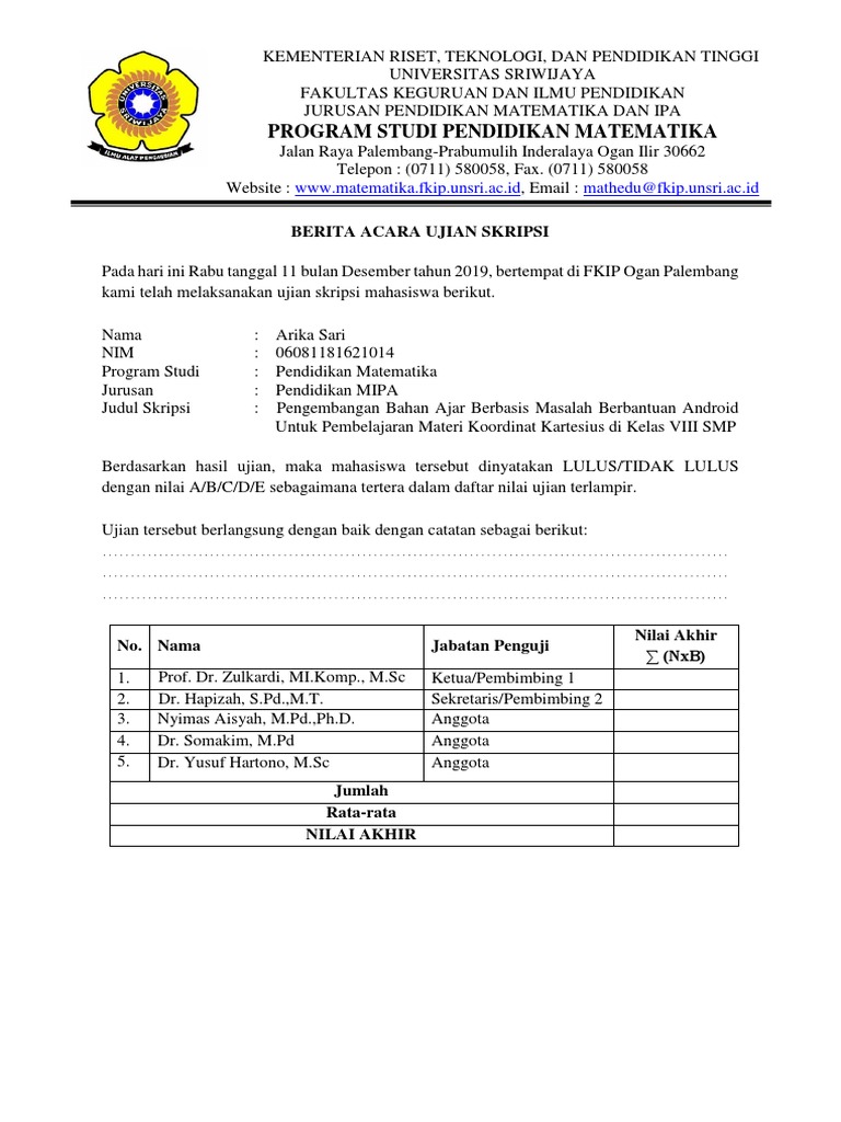 Berita Acara Ujian Skripsi Arika | PDF | Karier & Perkembangan | Sains & Matematika