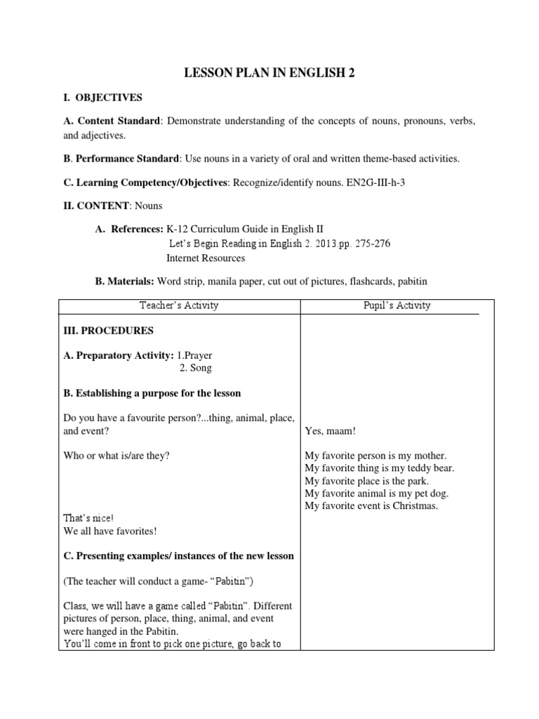 Lesson Plan in English 2 Noun | PDF | English Language | Noun