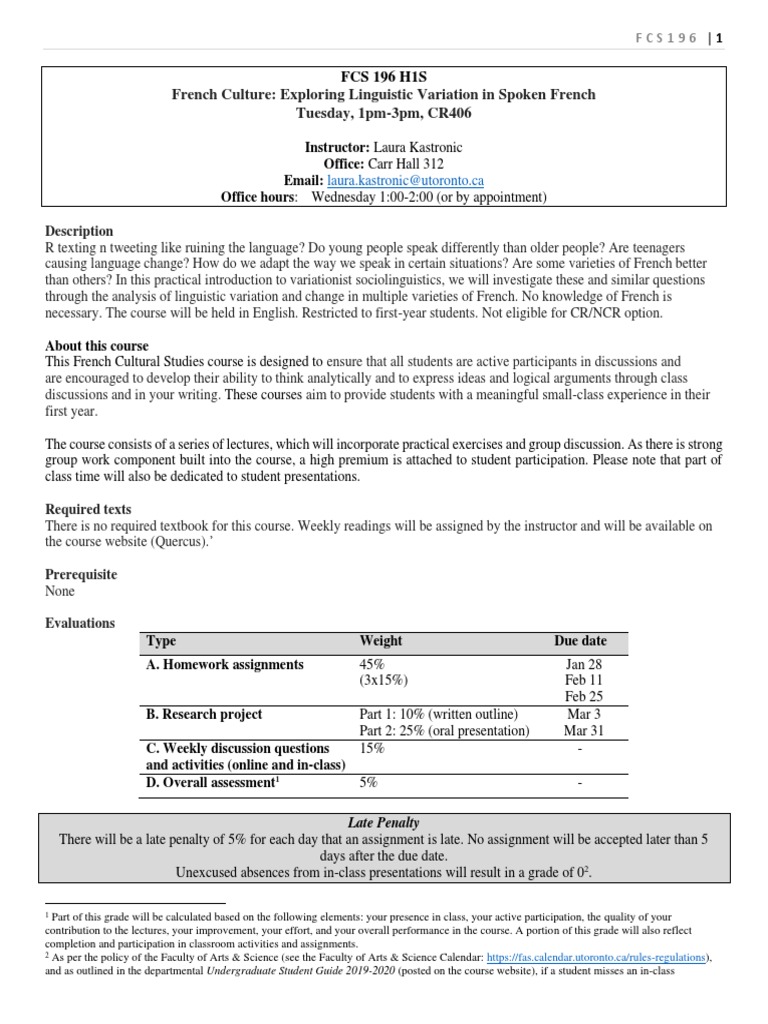 FCS 196 H1S Syllabus - Student | PDF | Sociolinguistics | Academic ...