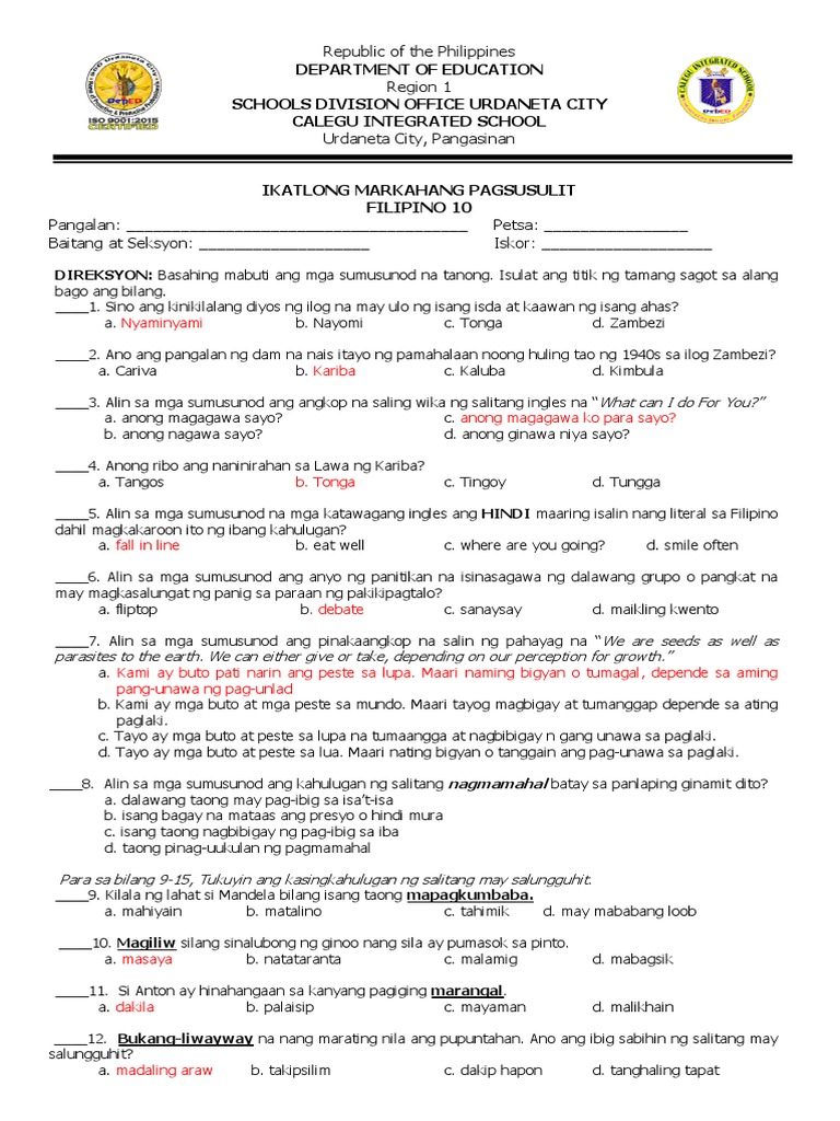 Filipino 10 3qa | PDF
