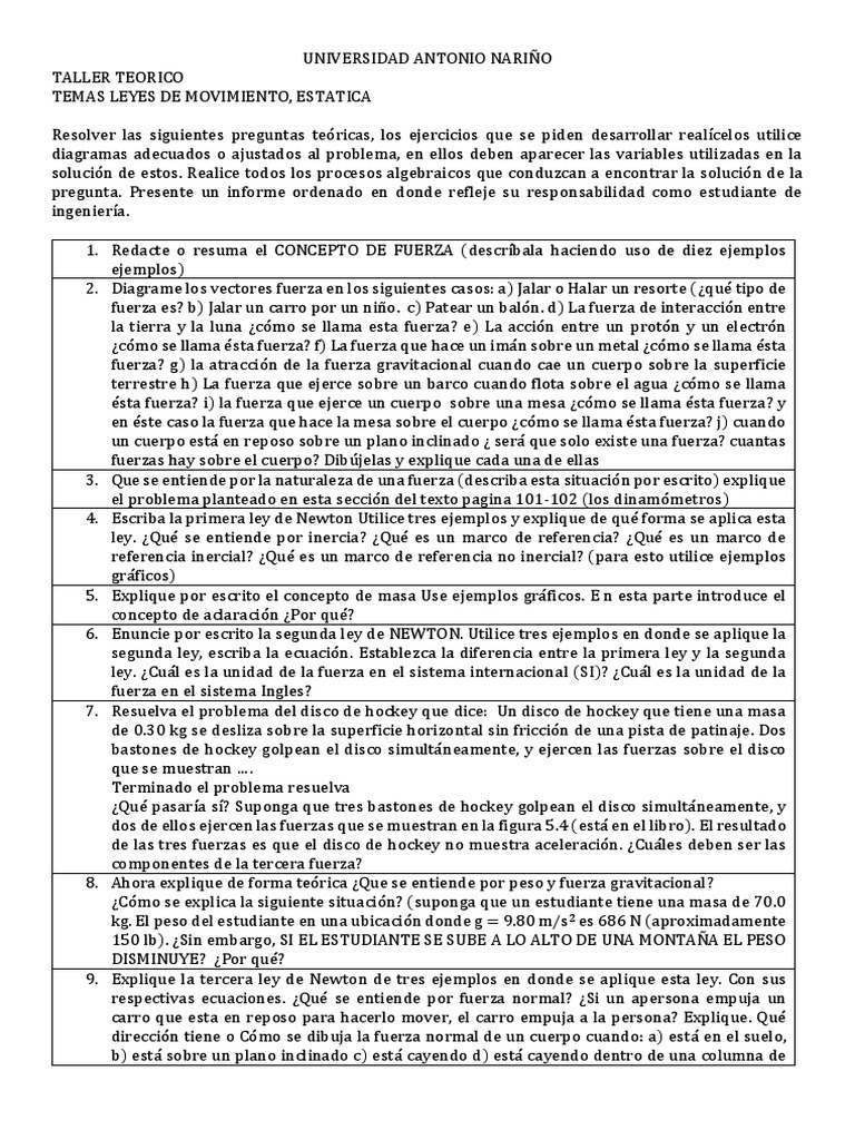 Taller 2 Teorico LEYES DE NEWTON, ESTATICA | PDF | Fricción | Tasas ... Taller 2 Teorico LEYES DE NEWTON, ESTATICA | PDF | Fricción | Tasas ...