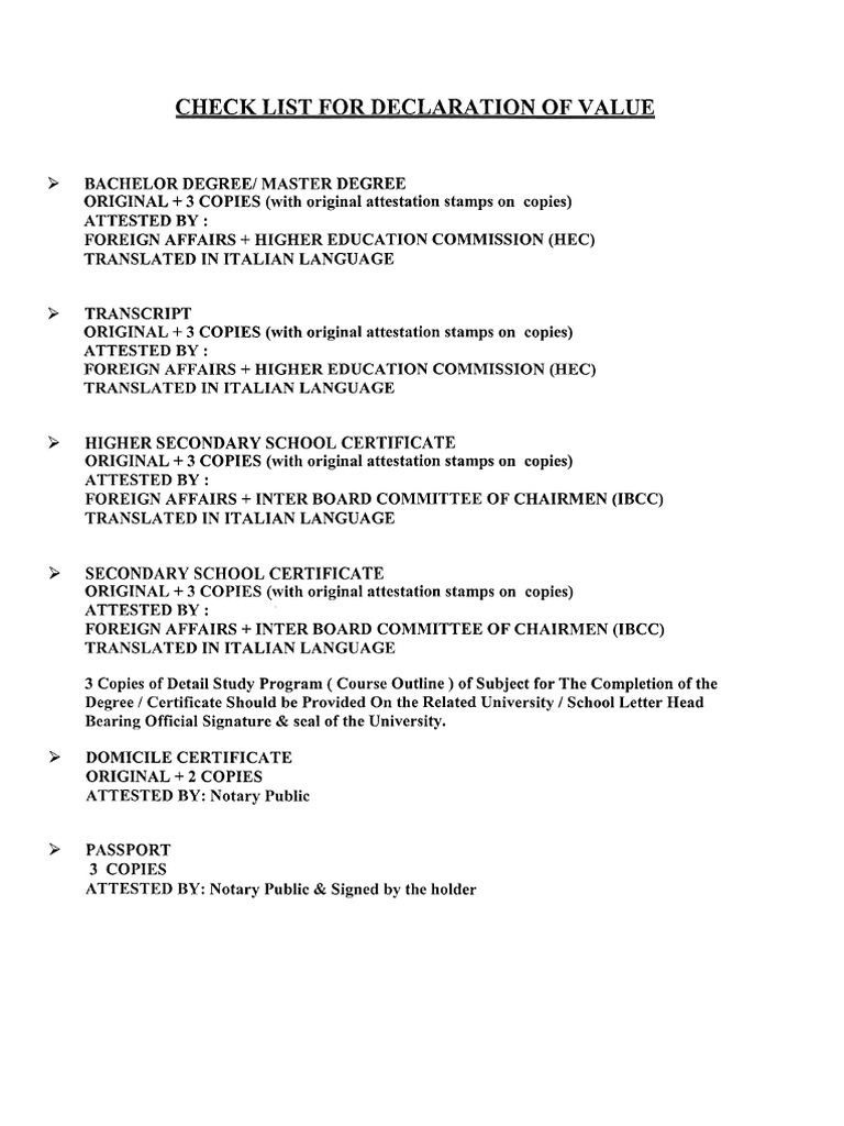 Check List For Declaration of Value PDF | PDF