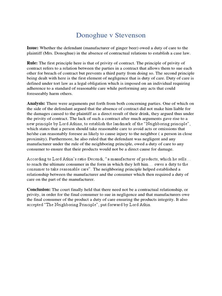 Donoghue V Stevenson IRAC | PDF