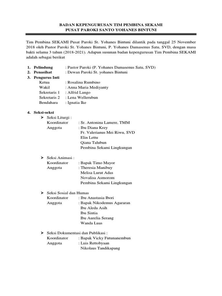Contoh SUSUNAN BADAN KEPENGURUSAN TIM PEMBINA SEKAMI | PDF