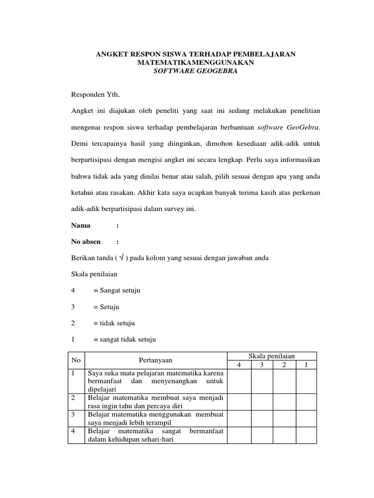 Angket Respon Siswa Terhadap Pembelajaran Matematika | PDF