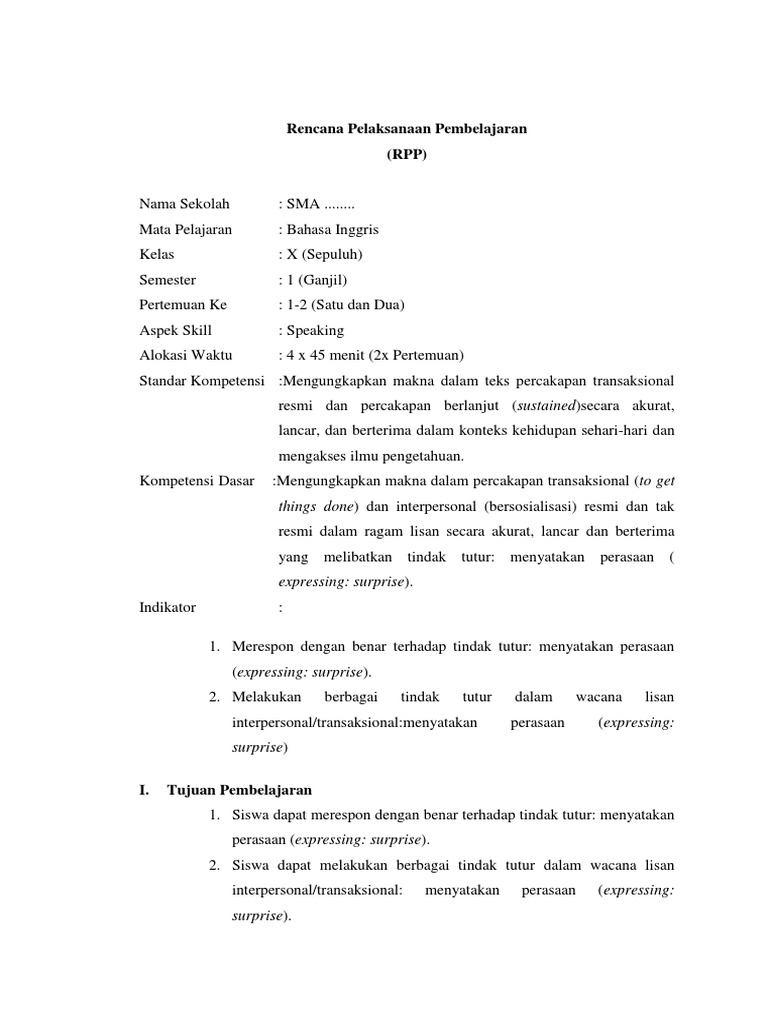 RPP Bahasa Inggris SMA X Expressing Surprise | PDF | Language Arts & Discipline | Foreign ...