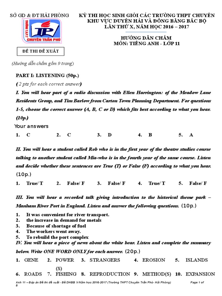 HAI PHONG DAP AN Đề thi DHBB Lần X Năm 2016 2017 Anh 11 ĐỀ ĐỀ XUẤT.Tổng hợp | PDF | Salmon | Forests