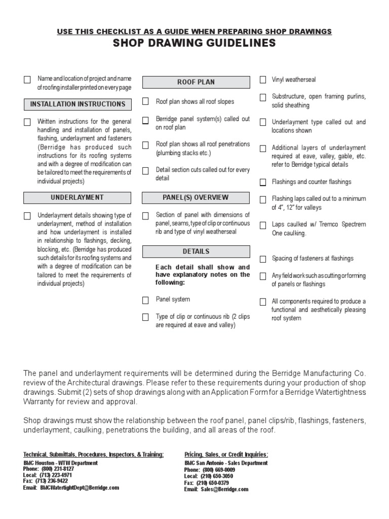 Berridge Shop Drawing Guidelines Checklist | PDF | Roof | Building ...