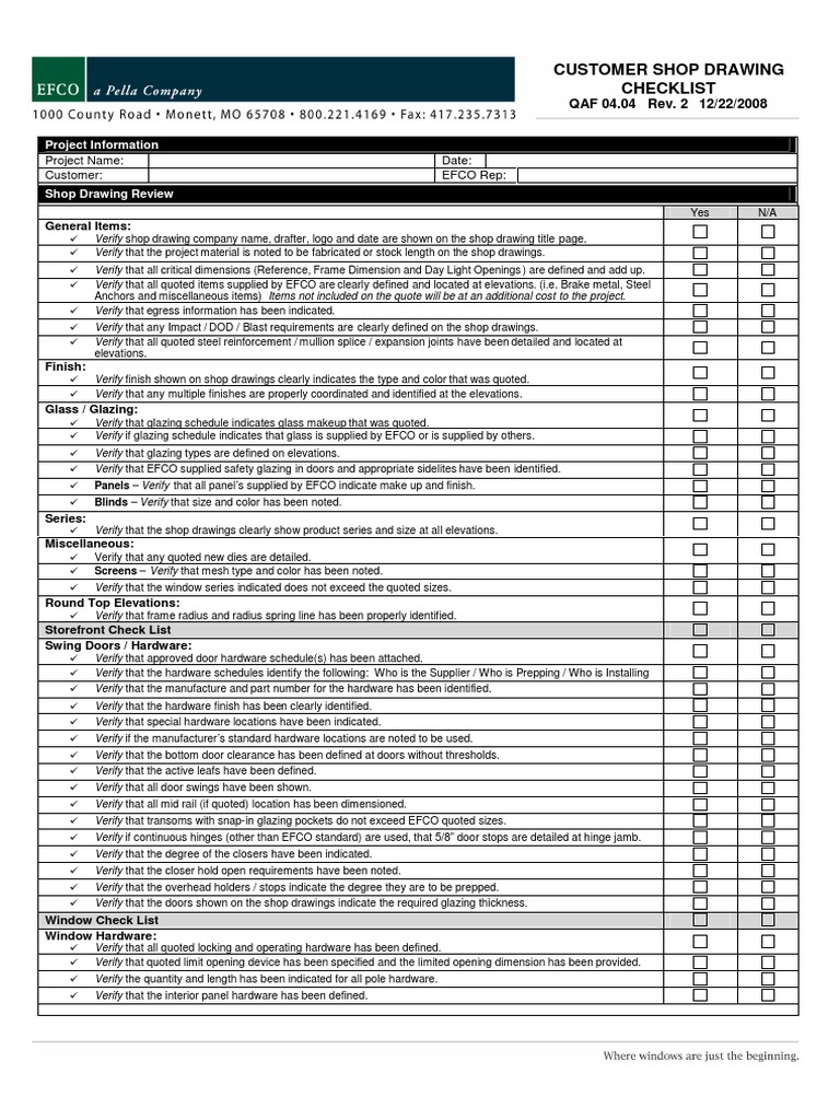 Customer Shop Drawing Checklist | PDF | Door | Window