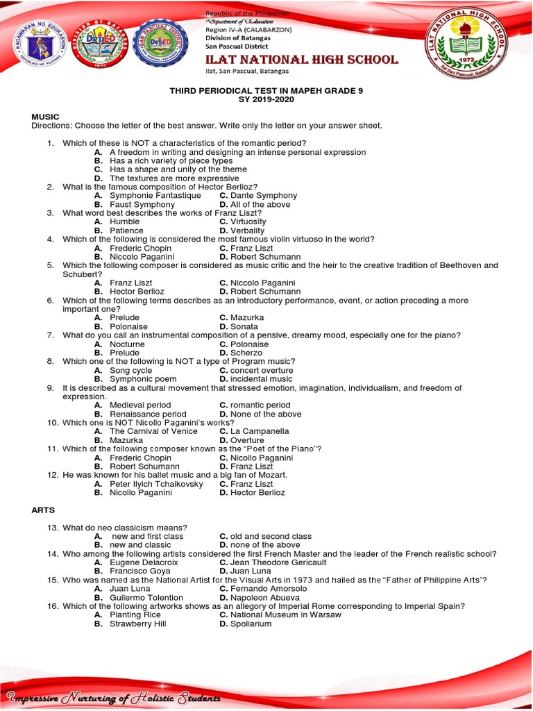 Grade 9 periodic test covers music, arts, PE and health | PDF | First ...