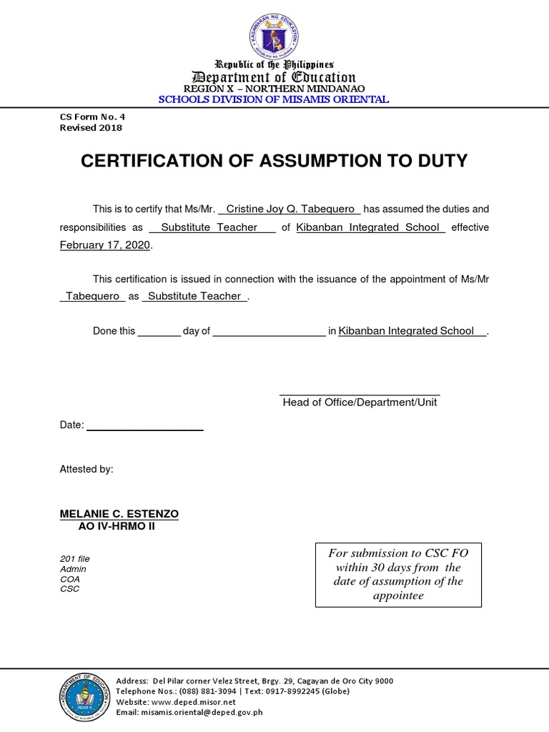 CS Form No. 4 Certification of Assumption To Duty | PDF