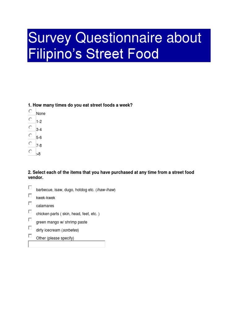 Filipino S Street Food Questionnaire | PDF