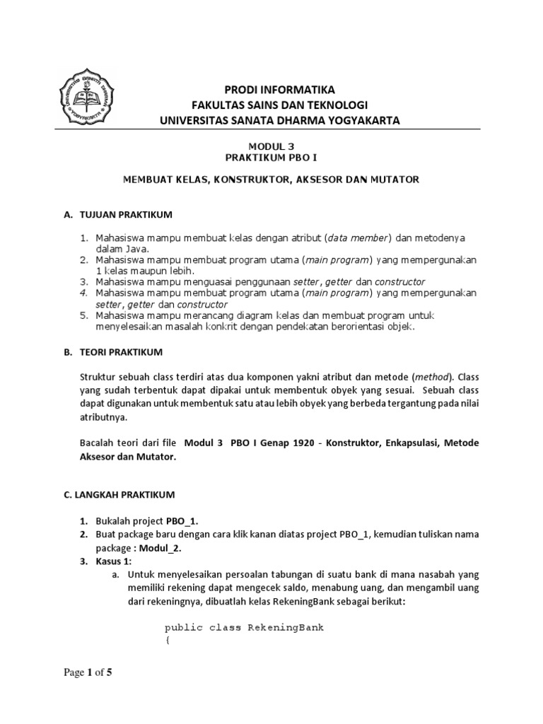 Modul 3 Prakt PBO 1 - Membuat Kelas, Konstruktor, Aksesor, Mutator | PDF