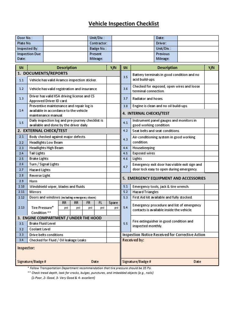 Vehicle Inspection Checklist Template | PDF | Vehicles | Headlamp