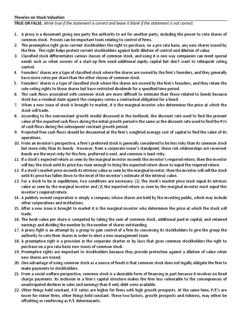 Theories On Stock Valuation | PDF | Preferred Stock | Stocks