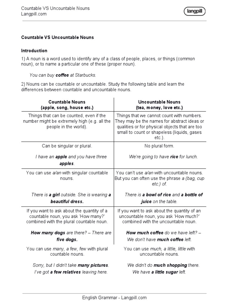 1.1 2. (Textbook) Countable VS Uncountable Nouns PDF | PDF | Language ...