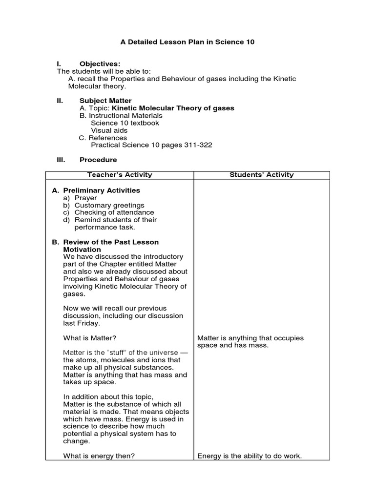 Detailed - LESSON - PLAN - GRADE 10 Demonow | PDF | Gases | Liquids