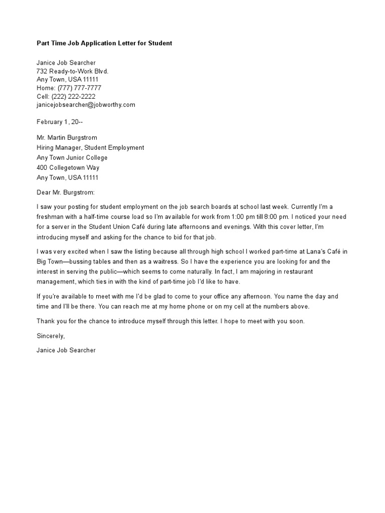 Part Time Job Application Letter For Student | PDF | Career & Growth