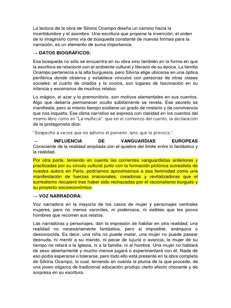 Análisis "El Vestido de Terciopelo" y "La Muñeca" de Silvina Ocampo | PDF