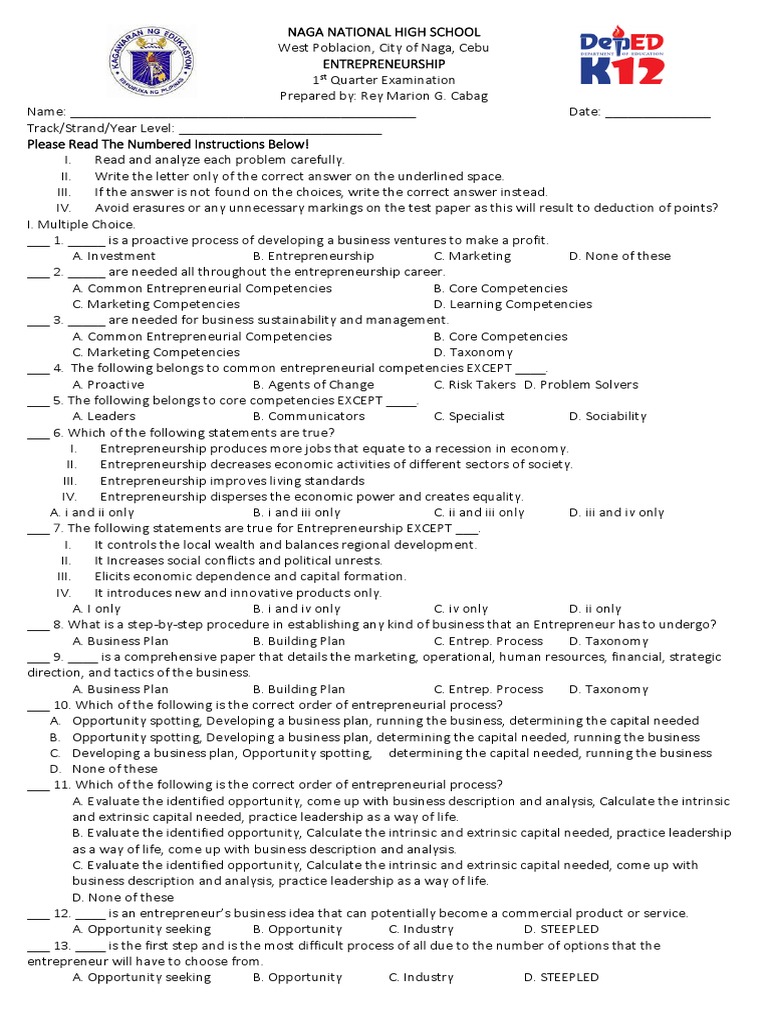 Aug 5, 2019 Entrepreneurship TQ Midterm Exam