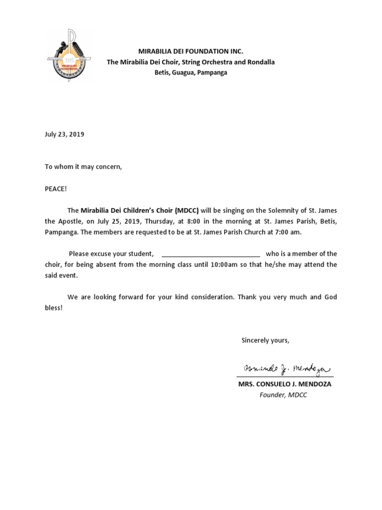 Excuse Letter for Choir Event Attendance | PDF