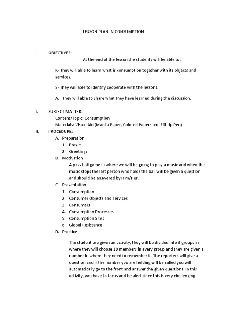 Lesson Plan in Consumption | PDF | Science & Mathematics