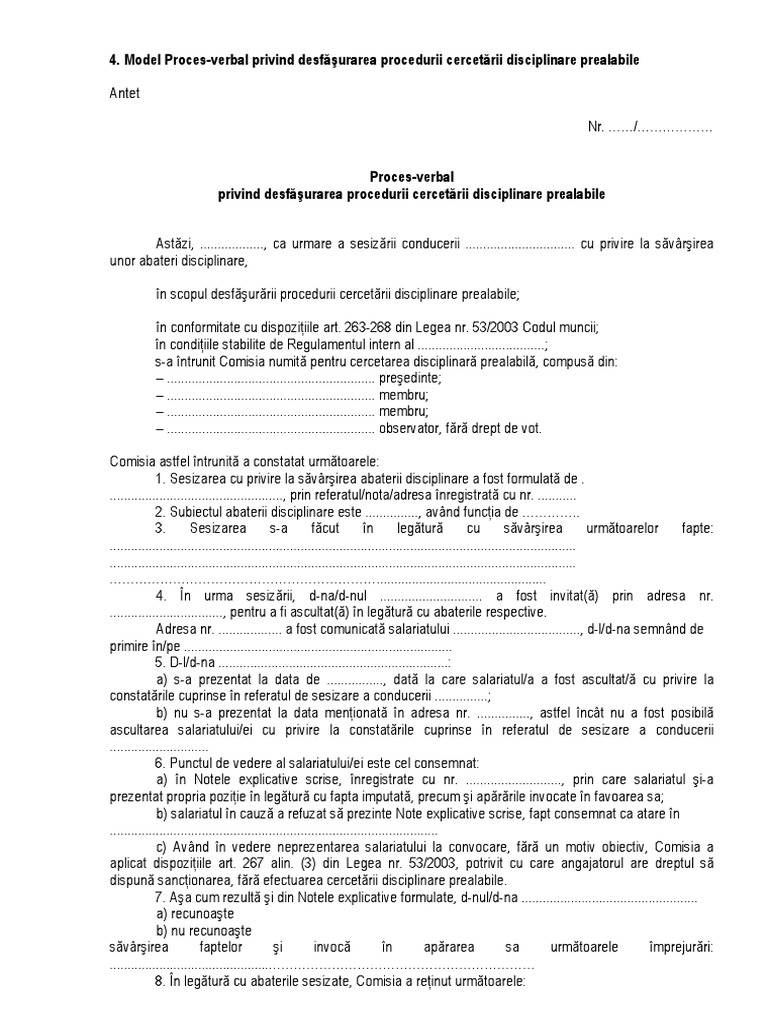 Model Proces Verbal Cercetare Disciplinara PDF | PDF