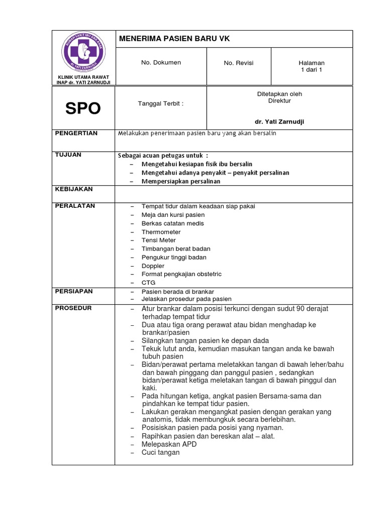 Sop Menerima Pasien Baru VK | PDF