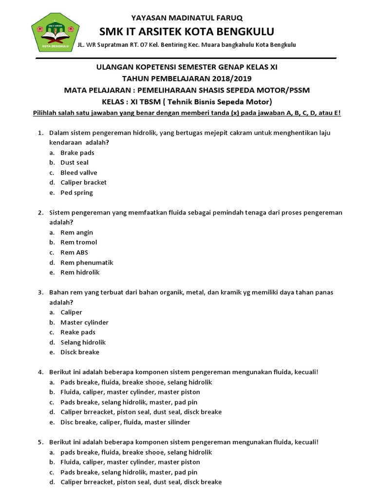 ULANGAN PSSM XI TSM 25 Soal | PDF | Teknologi & Rekayasa