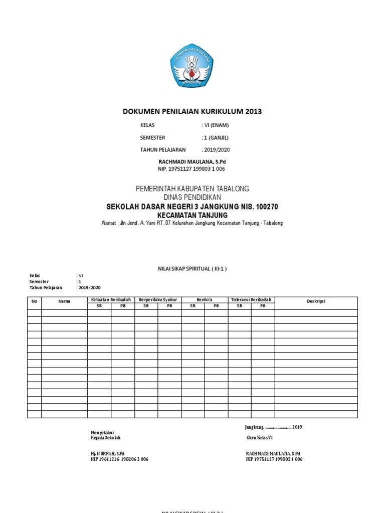 Format Penilaian K13 KLS Vi | PDF