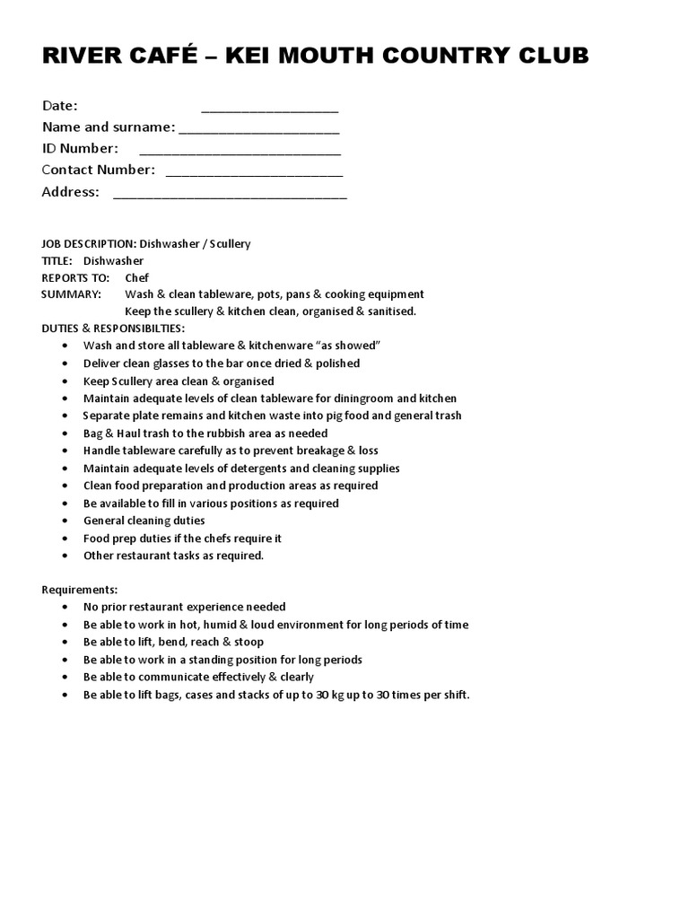 Job Description - Dishwasher | PDF
