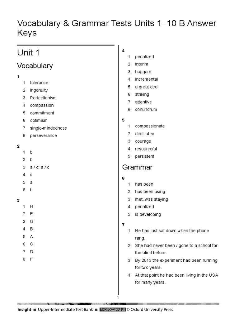 Vocabulary & Grammar Units 1-10 B Answer Keys | PDF