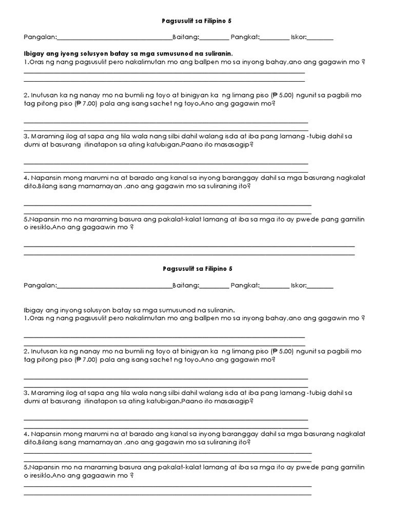 Pagsusulit Sa Filipino 5 | PDF