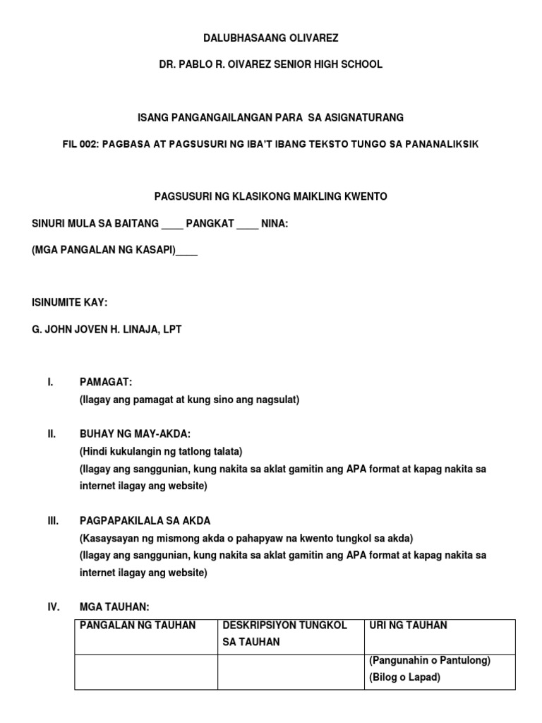 Pagsusuri NG Maikling Kwento | PDF