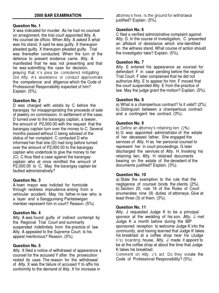 2000, 2002, 2004, 2005 Bar Questions Legal Ethics | PDF