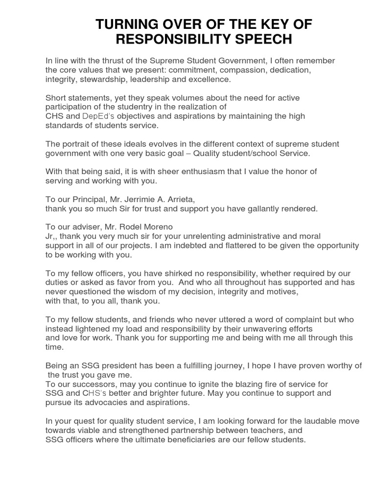 TURNING OVER OF THE KEY OF RESPONSIBILITY SPPECH Written by Cyrus A | PDF